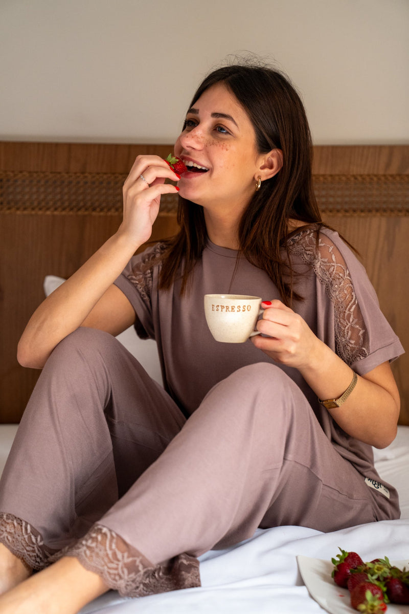 Women summer pajama set Choco Lace shirt + Pants – Snuggs Egypt