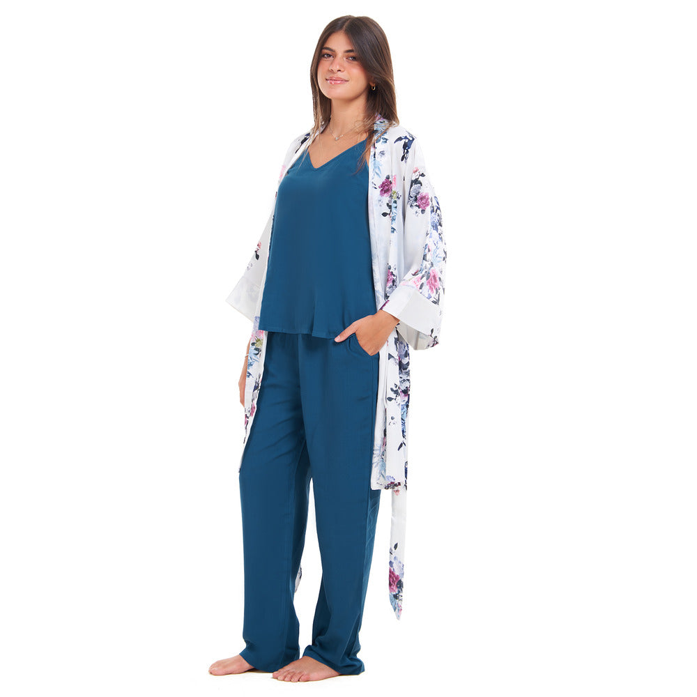 Women Summer 3 Piece Pajama Set Floral Pattern Kimono Blue Top And Pan