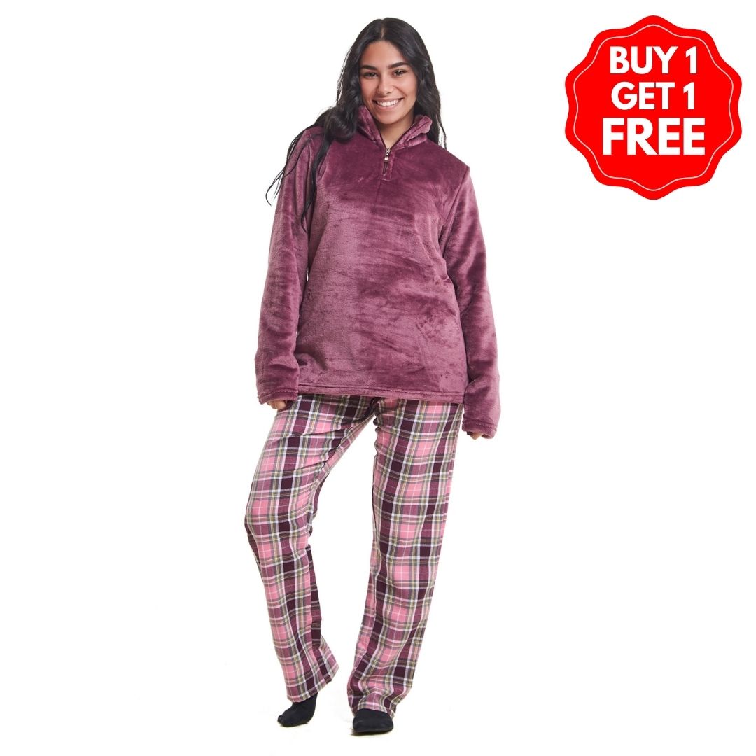 Women Winter Pajama Set Mauve Sweatshirt + Dark Purple x Pink Checkere ...