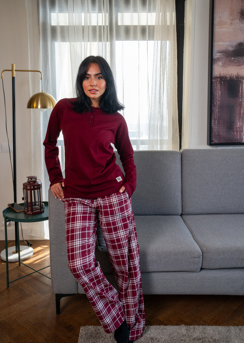 Women Fall Pajama Set Maroon buttoned sweatshirt + Checkered Maroon x ...