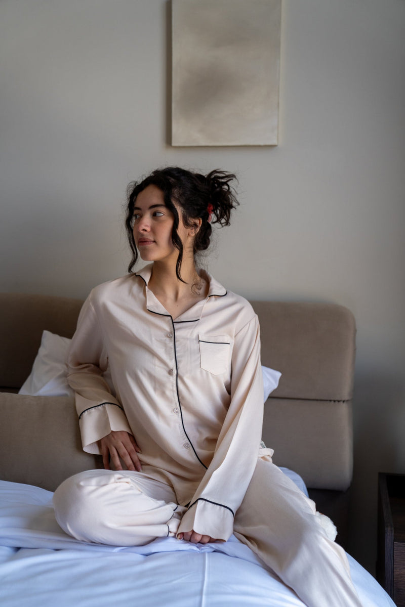 Women Summer Pajama Set Beige buttoned shirt + Pants – Snuggs Egypt