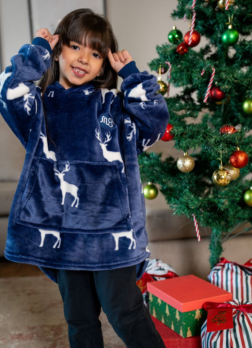 Snuggs Kids Blanket Hoodie Christmas Dark Blue Reindeer – Snuggs Egypt