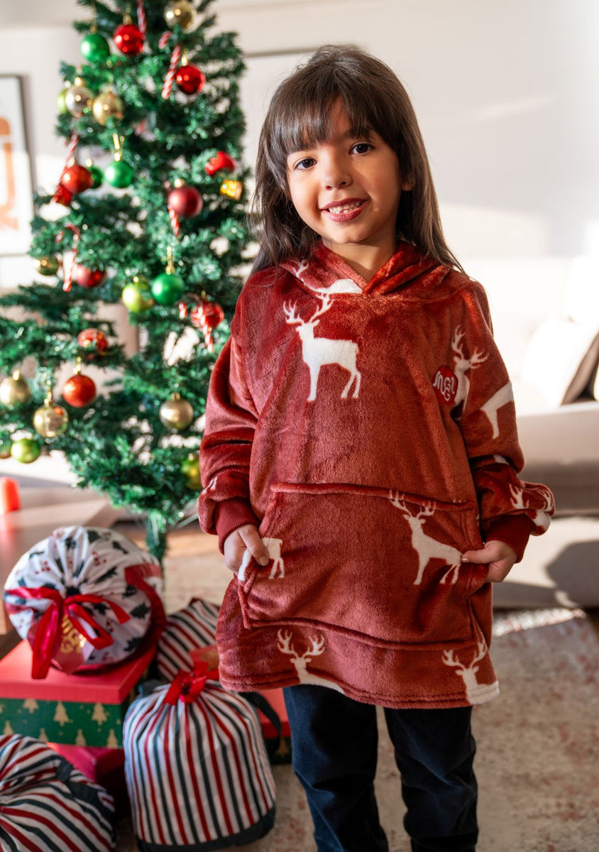 Snuggs Kids Blanket Hoodie Dark Red Reindeer – Snuggs Egypt