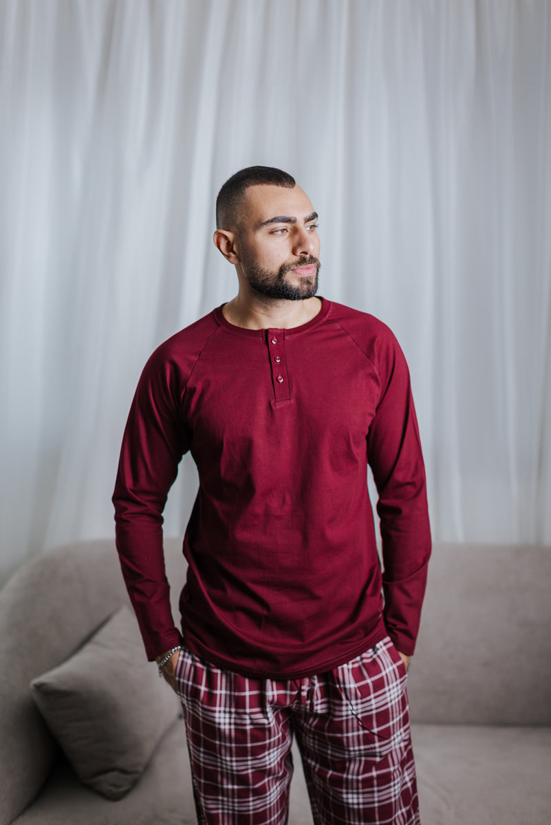 Men Fall Pajama Set Maroon Top + Checkered Maroon x Grey Pants – Snuggs ...