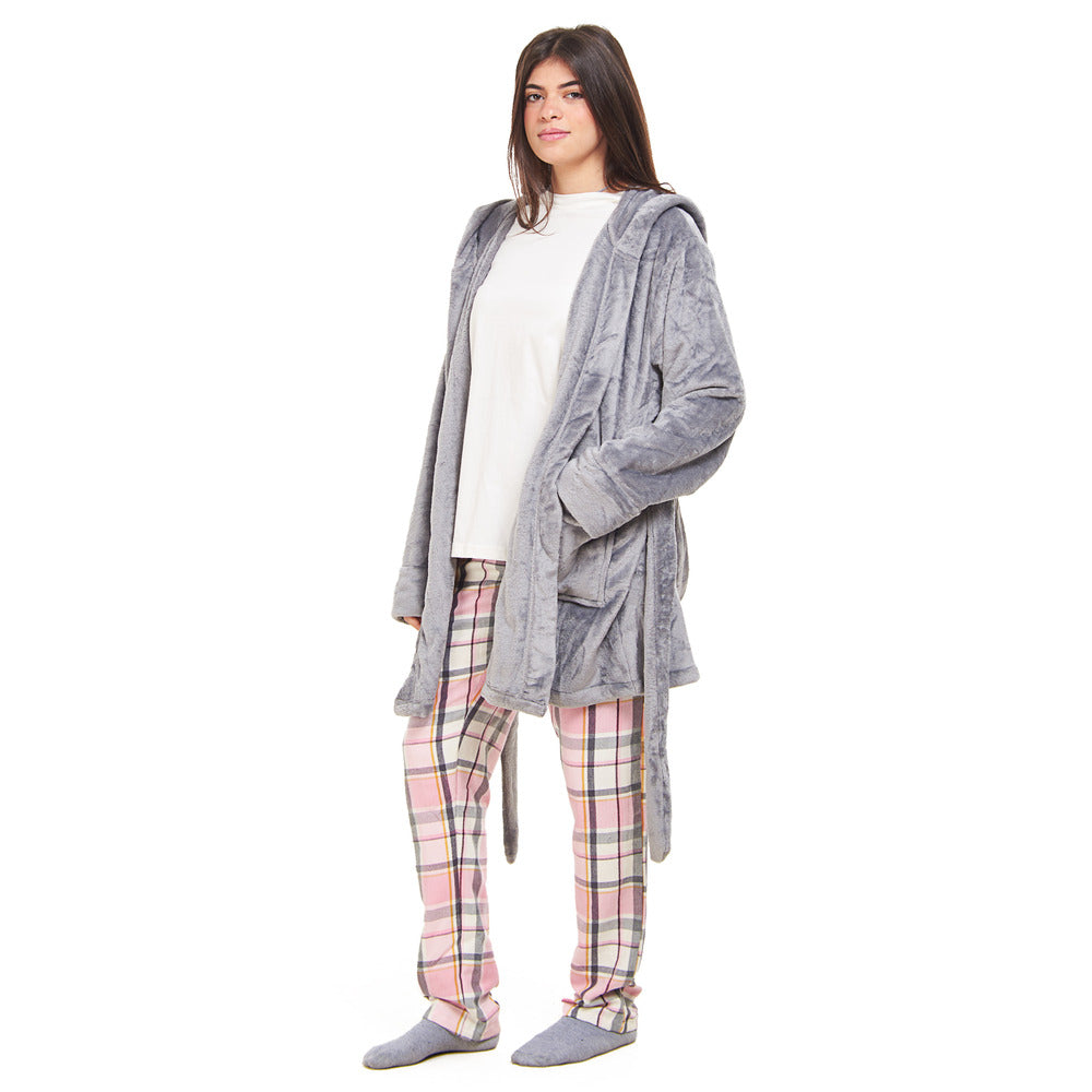 Women Winter Pajama Set Grey Robe + Pink x Dark Grey Checkered Pants ...