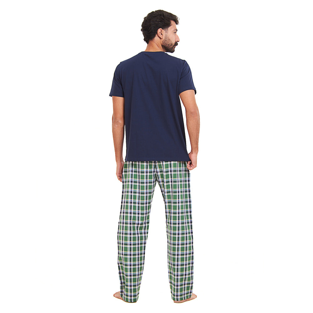 Men summer pajama set Dark blue T-shirt + Green x Dark Blue checkered ...