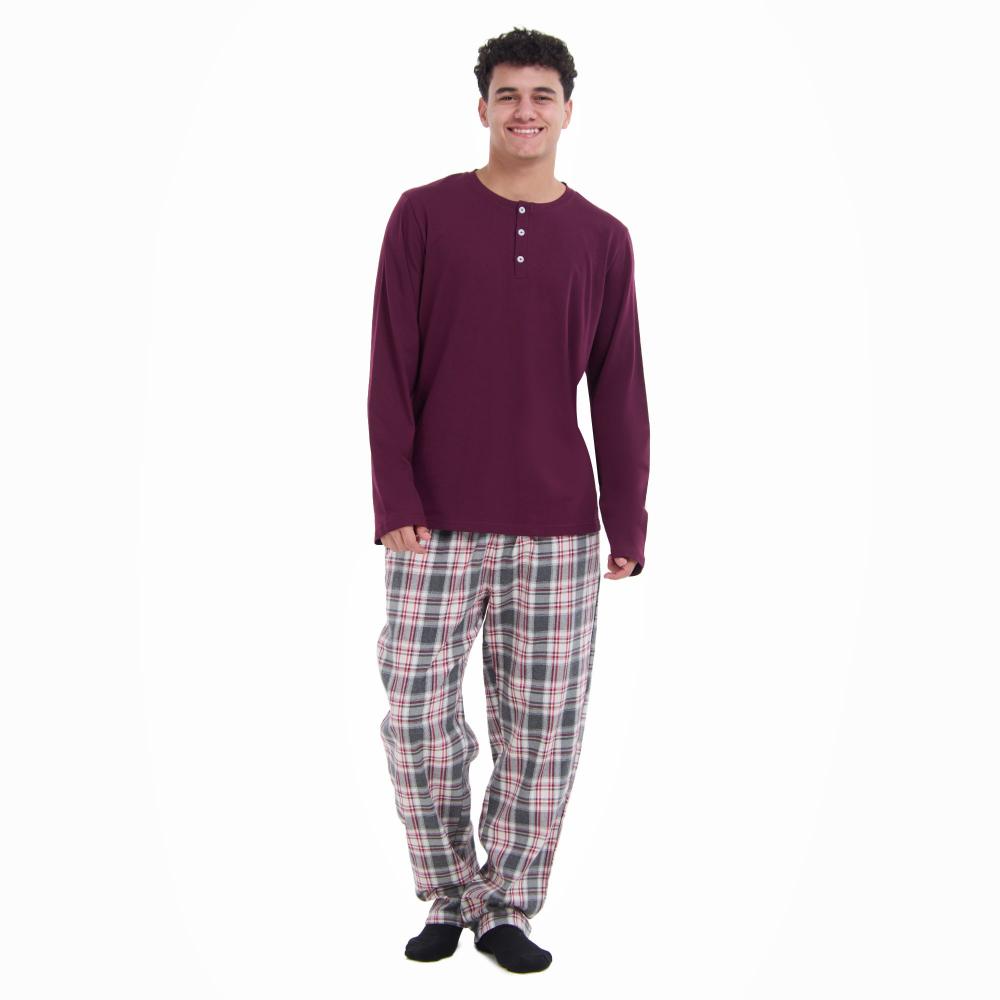 Men Fall Pajama Set Dark Red Buttoned Sweatshirt + Dark red x Grey che ...
