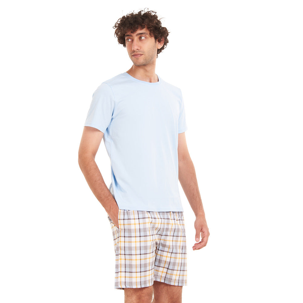 Men summer pajama set Baby Blue T-shirt + Light Blue x Yellow Checkere ...