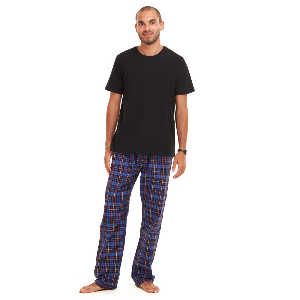Men summer pajama set Black T-shirt + Dark Blue Checkered Pants ...