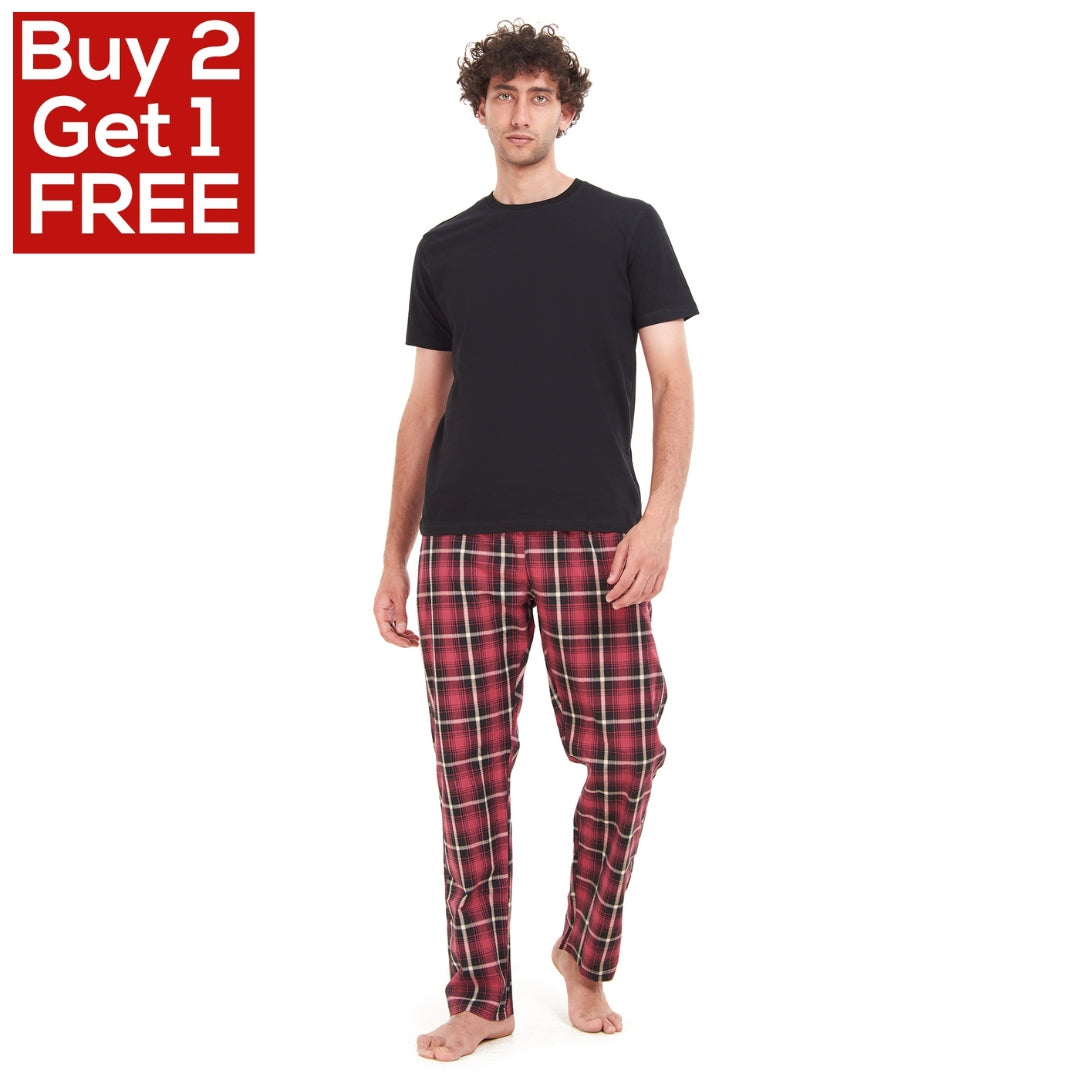 Men summer pajama set Black T-shirt + Red x Black Checkered pants ...
