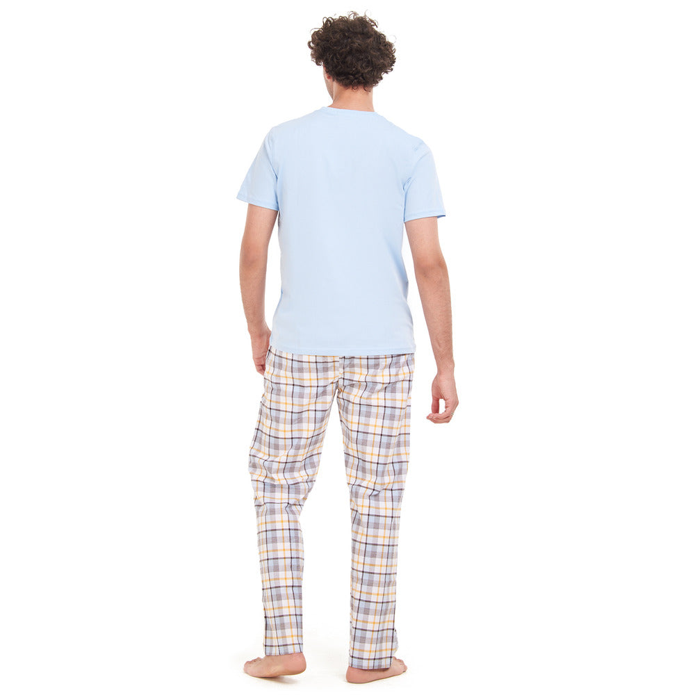 Men summer pajama set Light Blue T-shirt +Light Blue x Yellow Checkere ...