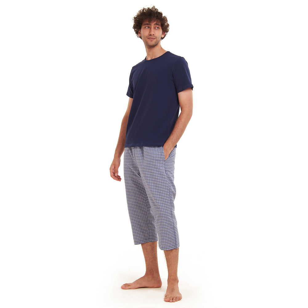 Men summer pajama set Navy T-shirt + Blue x White Checkered Pantacor ...