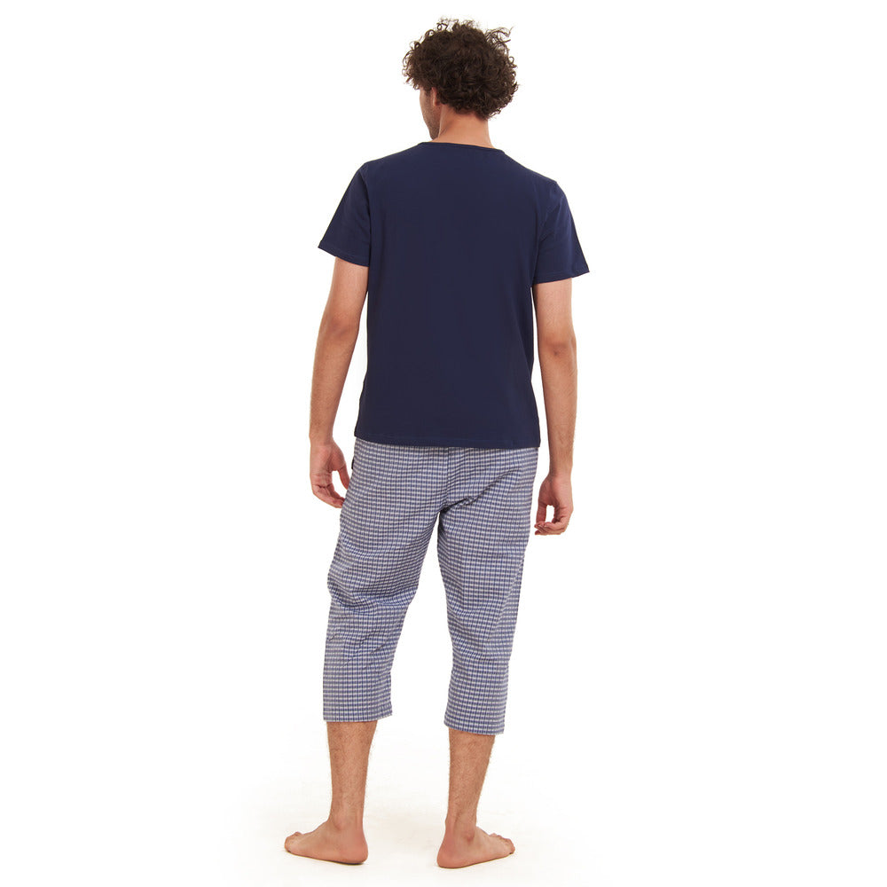 Men summer pajama set Navy T-shirt + Blue x White Checkered Pantacor ...