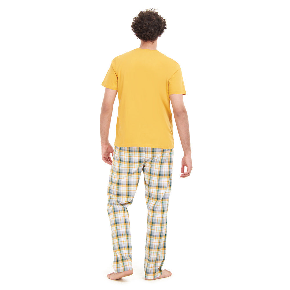 Men summer pajama set Yellow T-shirt + White x Green Checkered pants ...
