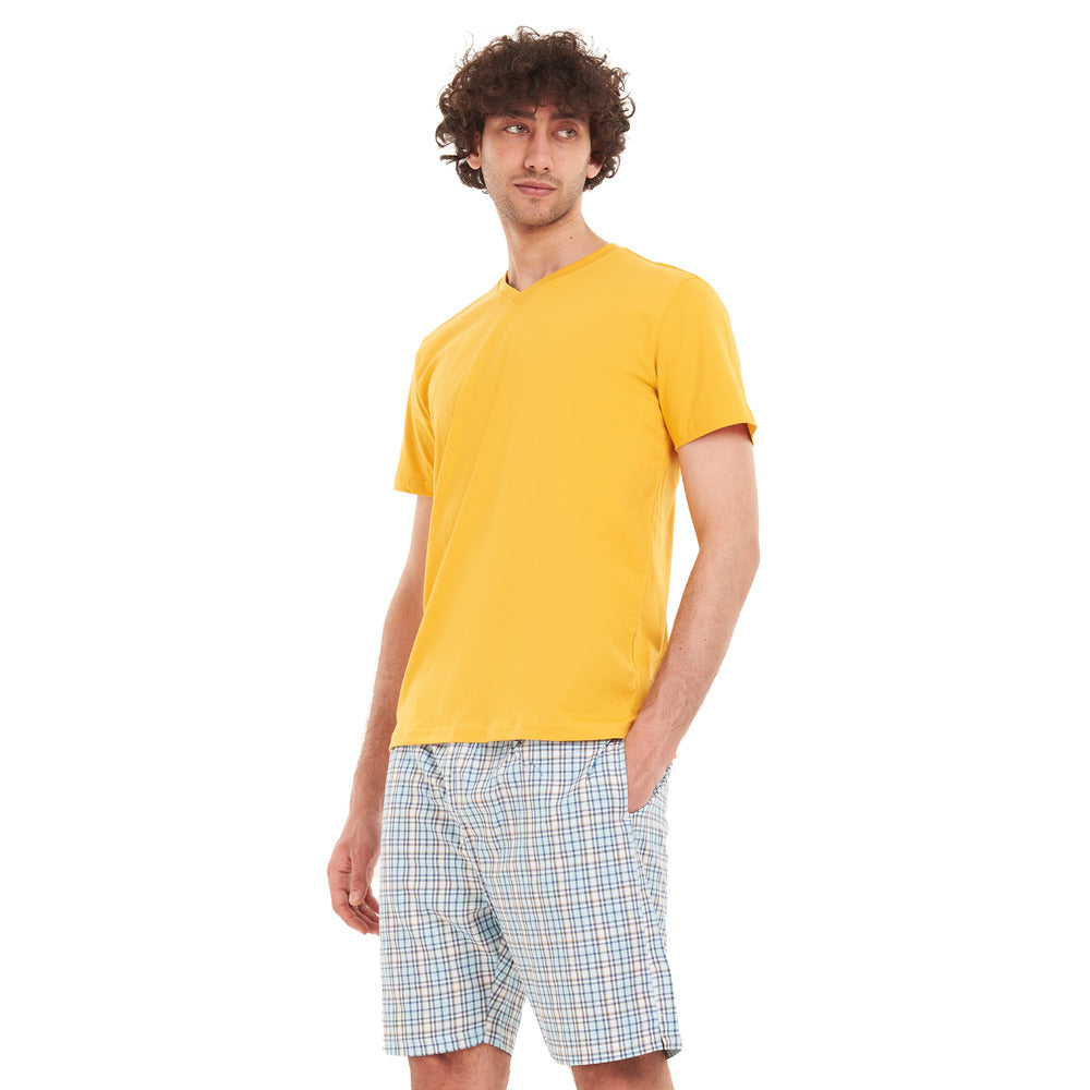 Men summer pajama set "Yellow T-shirt + Blue x yellow checkered short ...