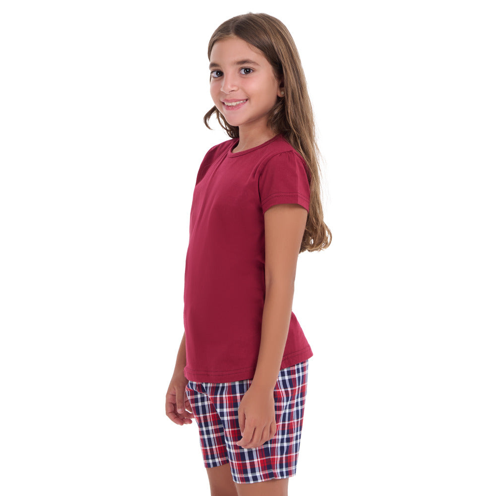Girls summer pajama set Dark red t-shirt + Dark Blue x Red Checkered s ...