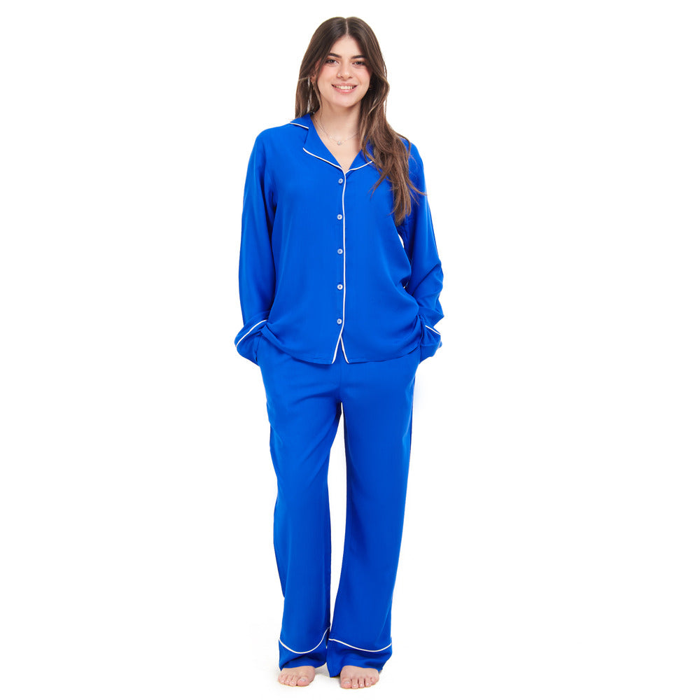 Women summer pajama set "Royal Blue buttoned shirt + Pants" – Snuggs Egypt