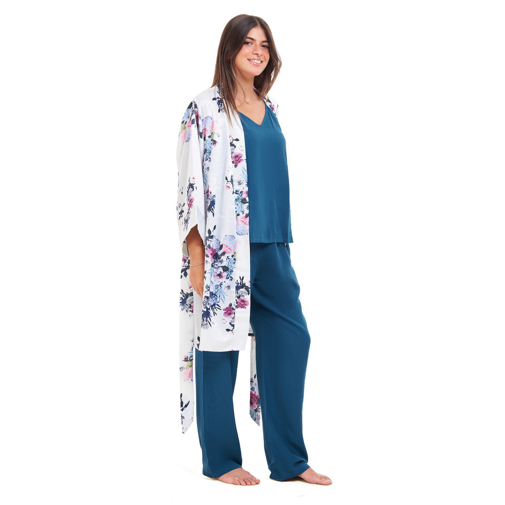 Women summer 3 piece pajama set Floral pattern kimono + Blue top & Pan ...