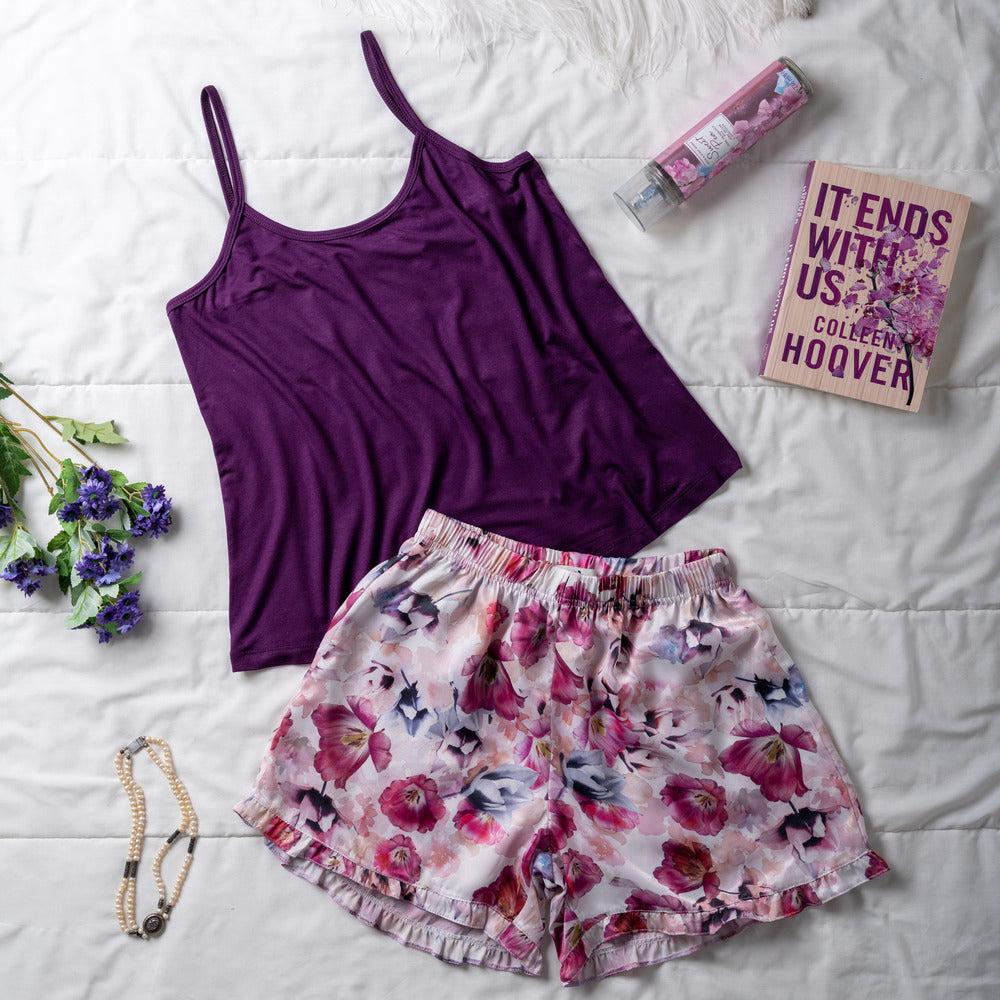 Women summer pajama set Purple top + Pink Floral Pattern shorts ...