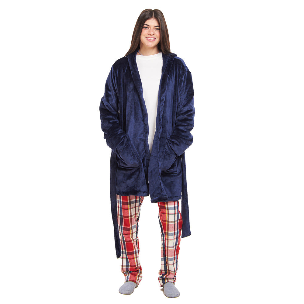 Women Winter Pajama Set Dark blue Robe + Red x Dark Blue Checkered Pan ...