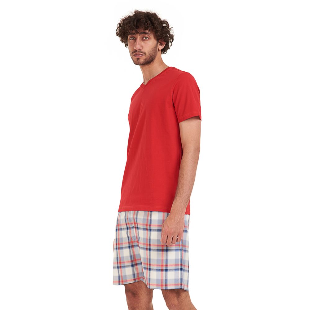 Men summer pajama set Red t-shirt + Red x Dark blue checkered shorts ...
