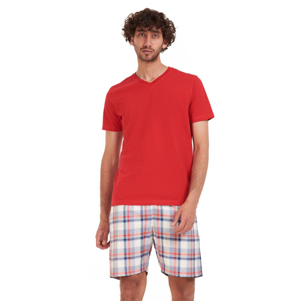 Men summer pajama set Red t-shirt + Red x Dark blue checkered shorts ...