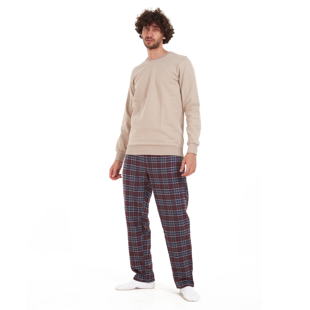 Men Winter Pajama Set Beige Shirt + Dark Red x Grey Checkered Pants ...