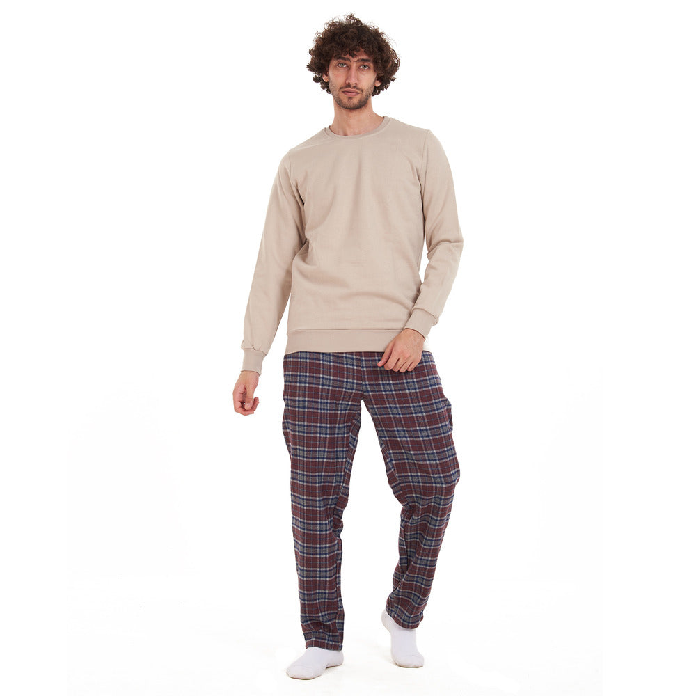 Men Winter Pajama Set Beige Shirt + Dark Red x Grey Checkered Pants ...