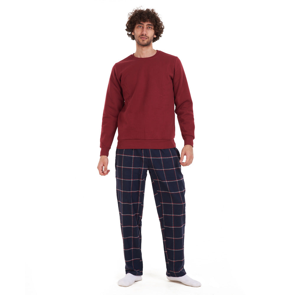 Men Winter Pajama Set Dark Red Shirt + Dark Red Checkered Pants ...
