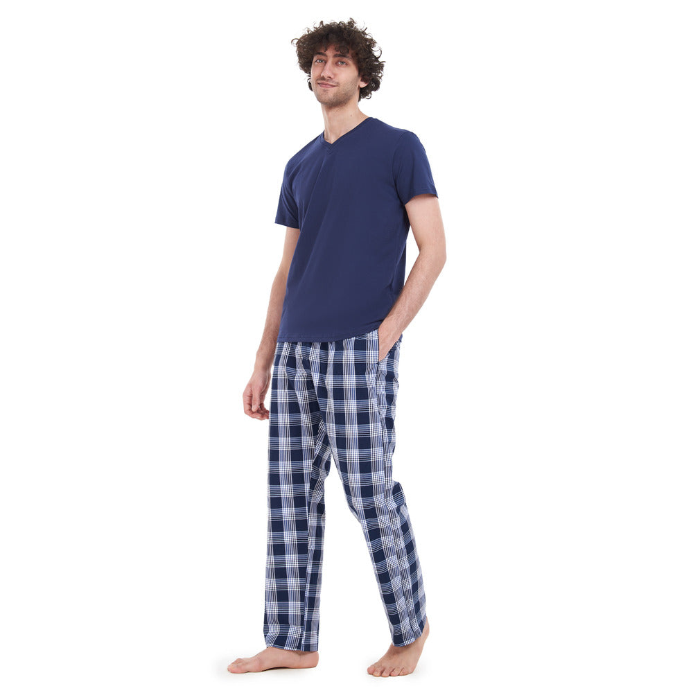 Men summer pajama set Dark Blue T-shirt + Dark blue checkered pants ...